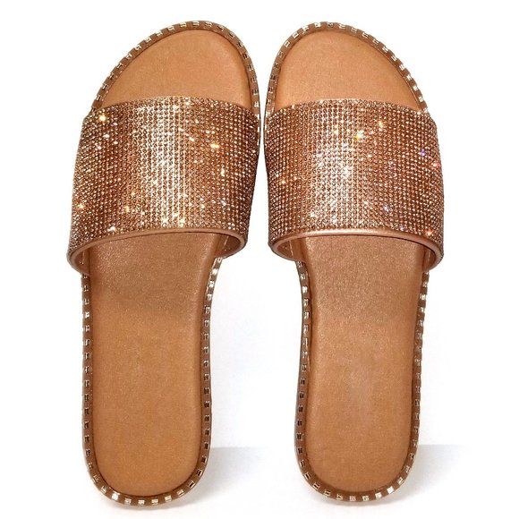 Shoes | New Rose Gold Blingy Rhinestone Slides Flat Sandals | Poshmark